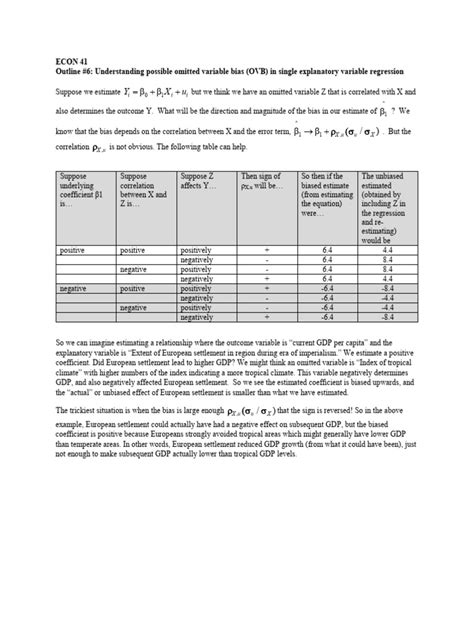 Handout 6 Omitted Variable Bias Summary Table Download Free Pdf