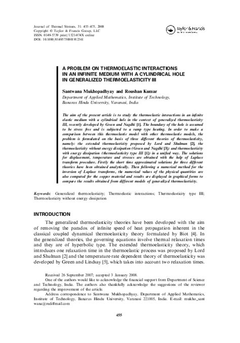 Pdf A Problem On Thermoelastic Interactions In An Infinite Medium With A Cylindrical Hole In
