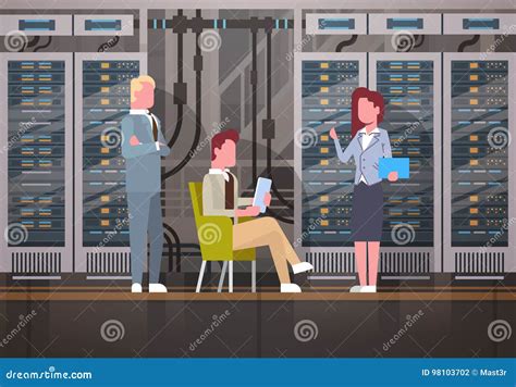 People Working In Data Center Room Hosting Server Computer Monitoring Information Database Stock