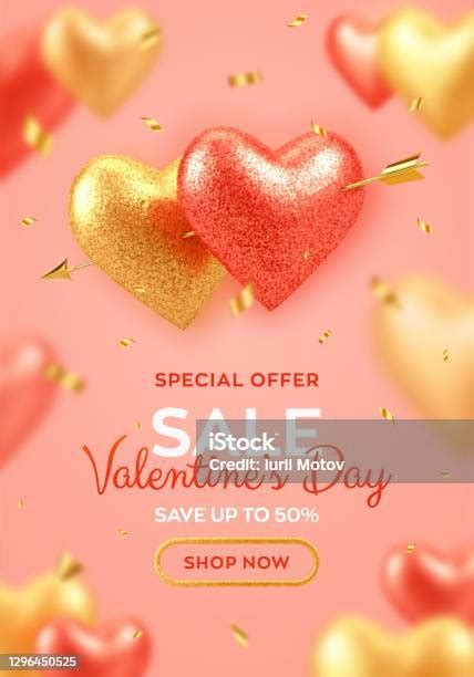 발렌타인 데이 판매 배너 큐피드 골든 화살표와 색종이에 의해 관통 반짝이 질감과 현실적인 빨간색과 금 하트 모양풍선 빛나는 커플 배경 전단지 인사말 카드 벡터 가격에 대한