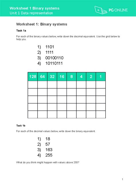 Data Representation Worksheet 1 Binary Systems Worksheet 1 Binary