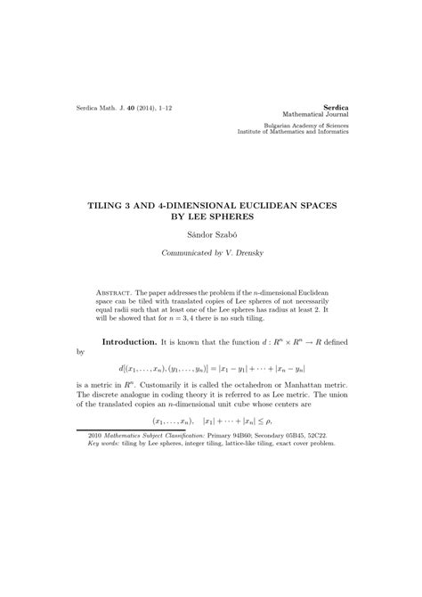 Pdf Tiling 3 And 4 Dimensional Euclidean Spaces By Lee Spheres