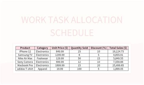 Work Task Allocation Schedule Excel Template And Google Sheets File For