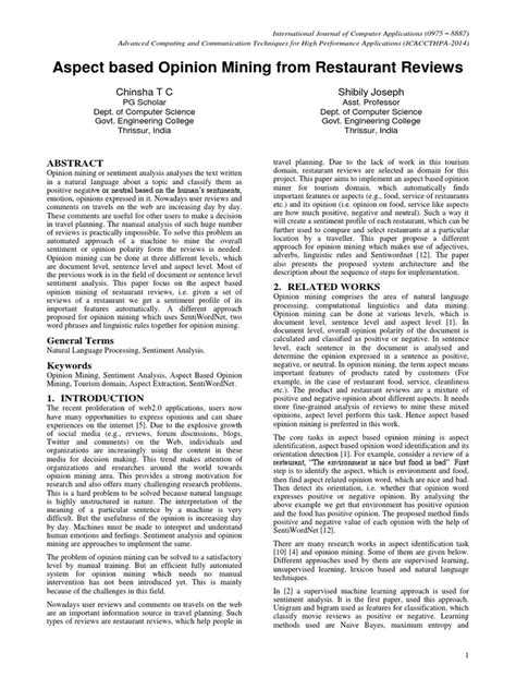 Aspect Based Opinion Mining From Restaurant Reviews Pdf Pdf