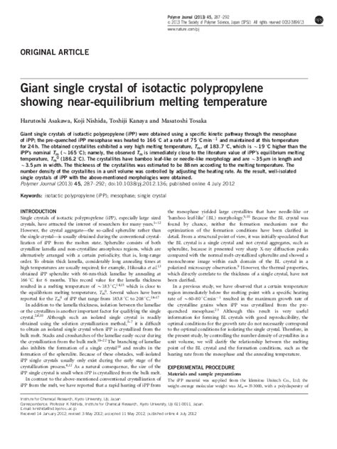 Pdf Giant Single Crystal Of Isotactic Polypropylene Showing Near Equilibrium Melting Temperature