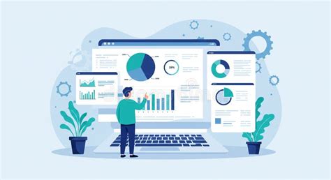 A Digital Illustration Showing A Person Analyzing Data On A Large Computer Screen Stock