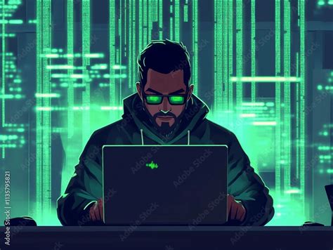Coding Enthusiast Works Late At Night With Green Code On Laptop Screen