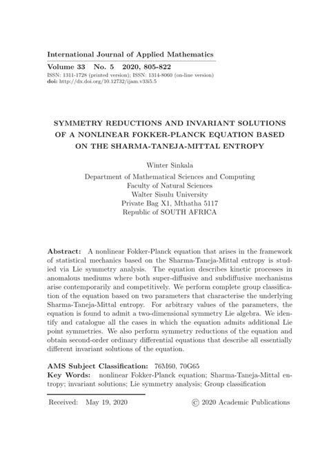Pdf Symmetry Reductions And Invariant Solutions Of A Nonlinear Fokker