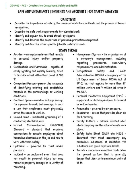 Safe And Unsafe Acts Incidents And Accidents Job Safety Analysis