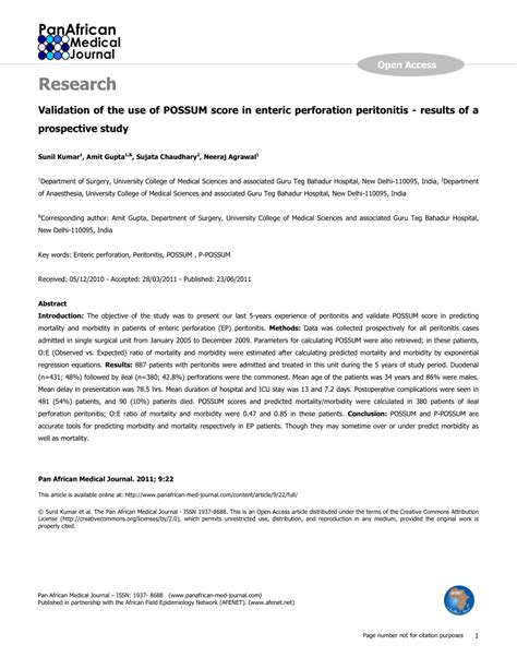 Pdf Validation Of The Use Of Possum Score In Enteric Perforation Peritonitis Results Of A