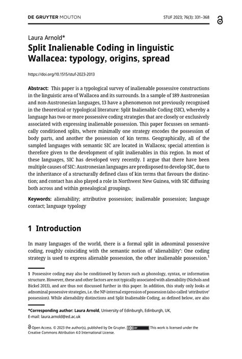 Pdf Split Inalienable Coding In Linguistic Wallacea Typology