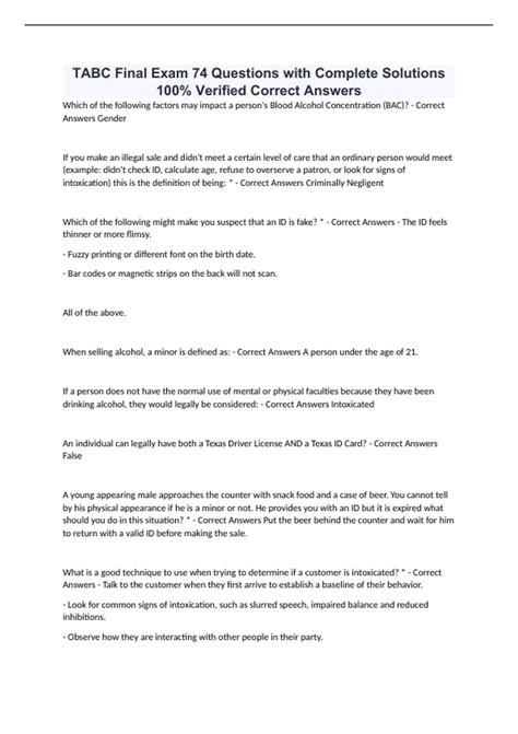 TABC Final Exam Questions With Complete Solutions Verified Correct Answers Tabc