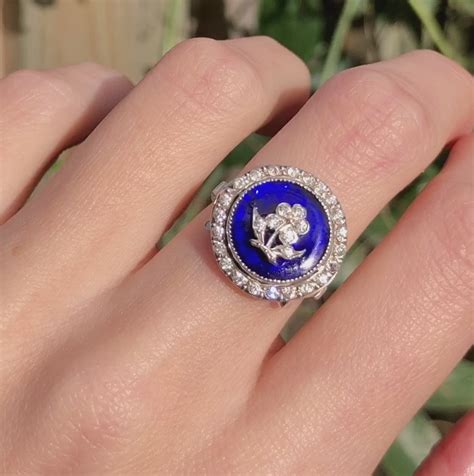 Antique Silver Blue Enamel Floral Paste Conversion Ring Clarice Jewellery