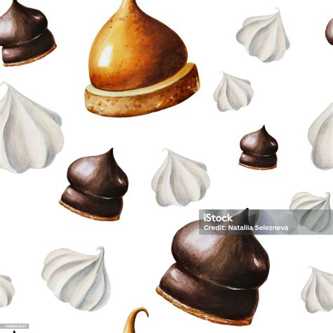 머랭 초콜릿 마시멜로 오렌지 수플레가 있는 수채화 무늬 하얀 고립된 배경에 달콤한 그림을 그리는 손 디자이너 메뉴 상점 바 비스트로 레스토랑 엽서 포장지 표지 포스터 및