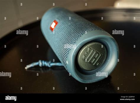 The High Angle Shot Of Black Jbl Brand Music Speaker On A Fabric Surface Stock Photo Alamy