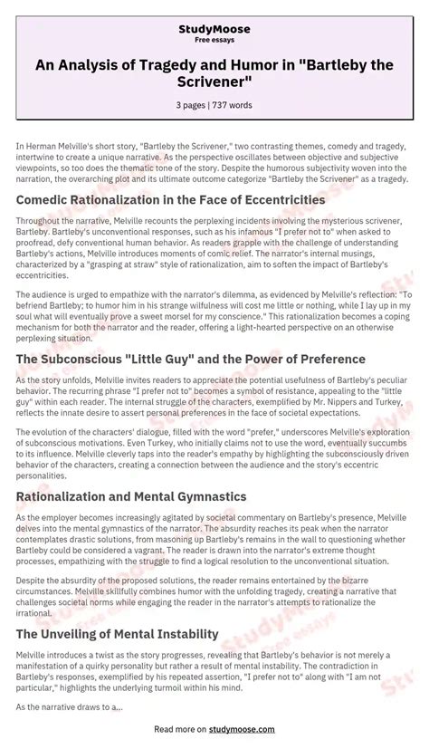 An Analysis Of Tragedy And Humor In Bartleby The Scrivener Free Essay Example