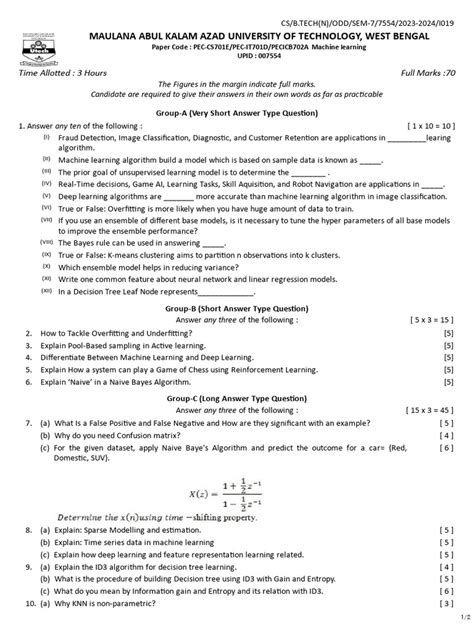 Btech Cse 7 Sem Machine Learning Pec Cs701e 2024 Pdf Machine