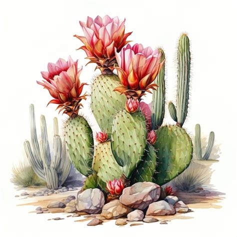 Premium Photo A Drawing Of A Cactus With Pink Flowers And A Cactus