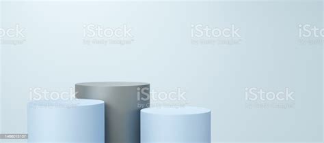 빈 회색과 파란색 실린더 연단이 흰색 복사 공간 배경에 떠 있다 추상 최소 스튜디오 3d 기하학적 모양 개체입니다 제품 디자인 전시를 위한 받침대 모형 공간 3d 렌더링