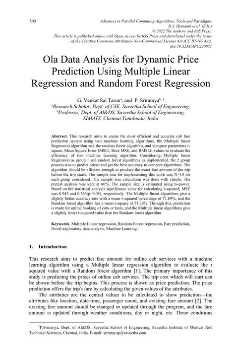Pdf Ola Data Analysis For Dynamic Price Prediction Using Multiple Linear Regression And Random