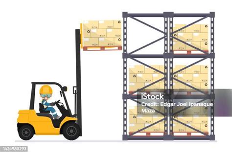지게차를 안전하게 운전하십시오 지게차 트럭은 상자가있는 팔레트를 산업용 창고 랙으로 들어 올립니다 지게차 운전 안전 보안 우선 제품의 산업 저장 및 유통 개인 장식품에 대한