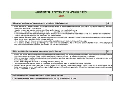 Assignment MEMO ISC ASSIGNMENT OVERVIEW OF THE LEARNING THEORY MEMO Describe To