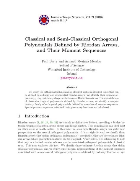PDF Classical And Semi Classical Orthogonal Polynomials Defined By Riordan Arrays And Their