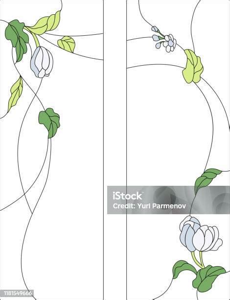 직사각형 프레임의 스테인드 글라스 패널 클래식 창 아르 누보 스타일의 싹과 잎의 추상적 인 꽃 꽂이 스테인드 글라스 창