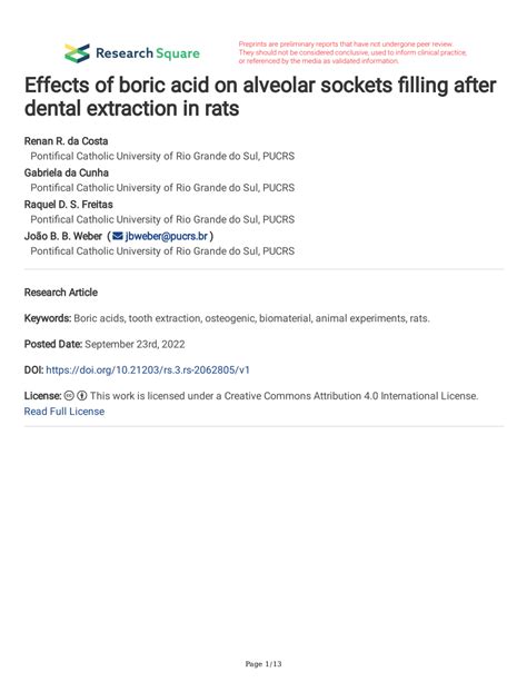 Pdf Effects Of Boric Acid On Alveolar Sockets Filling After Dental Extraction In Rats