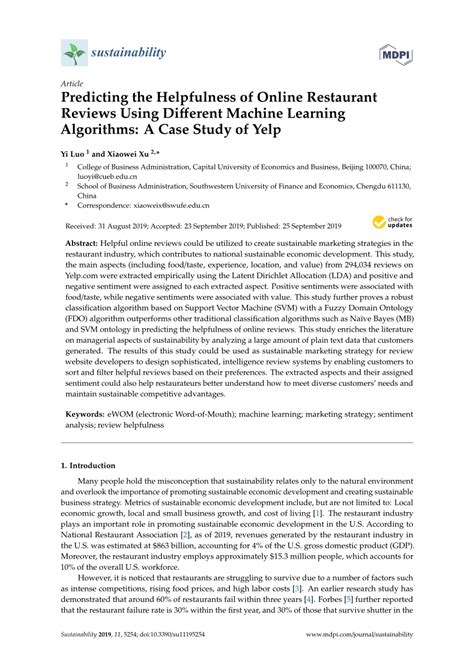pdf predicting the helpfulness of online restaurant reviews using different machine learning