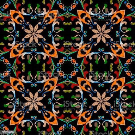 다채로운 질감의 꽃 벡터 원활한 패턴 태피스트리 장식 배경입니다 그런지 배경을 반복합니다 화려한 추상 장식자수 빈티지 자 수 꽃