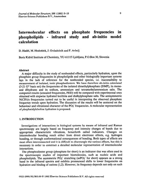 Pdf Intermolecular Effects On Phosphate Frequencies In Phospholipids