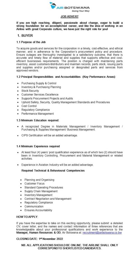 Buyer Air Botswana Pty Ltd Latest Jobs In Botswana 2023