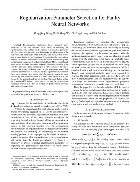 Pdf Regularization Parameter Selection For Faulty Neural Networks