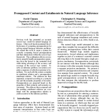 Presupposed Content And Entailments In Natural Language Inference Acl
