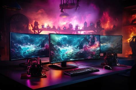 Generated Illustration Modern Rgb Computer In A Gaming Room With Red And Blue Ambient Lighting
