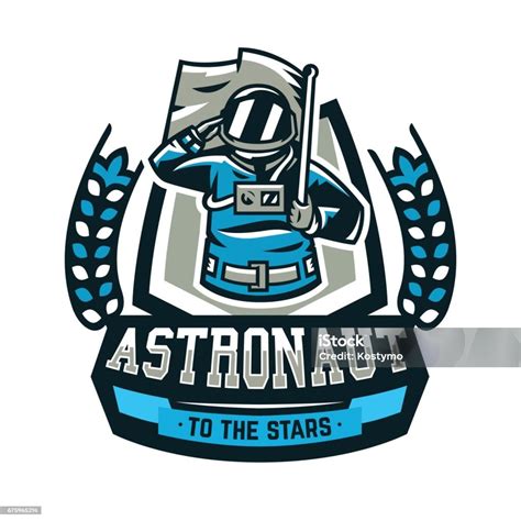 엠블럼 우주 비행사 경례와 깃발을 보유하고있다 달 공간 은하계 여행 우주 방패로 비행 벡터 일러스트레이션 티셔츠에 인쇄 계획에 대한 스톡 벡터 아트 및 기타 이미지 Istock