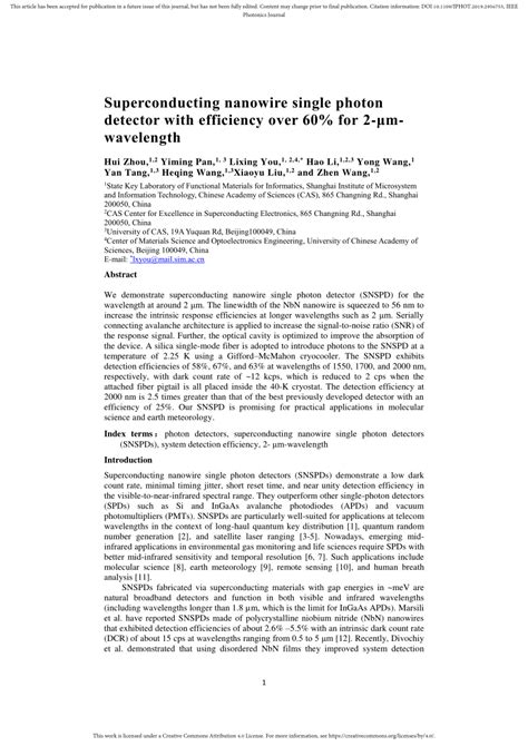Pdf Superconducting Nanowire Single Photon Detector With Efficiency Over 60 For 2 μ M Wavelength