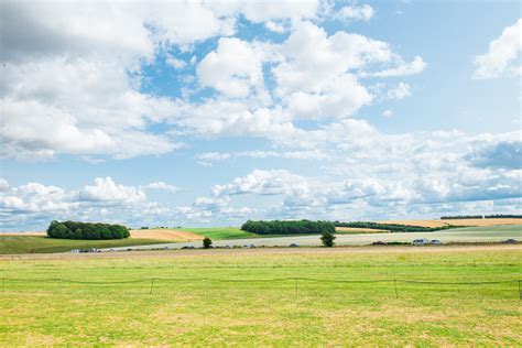 녹색 잔디 풀밭 및 작은 언덕 및 구름과 푸른 하늘에 밀 필드 필드와 풍경 선택적 초점입니다 공간에 복사 합니다 0명에 대한 스톡 사진 및 기타 이미지 Istock