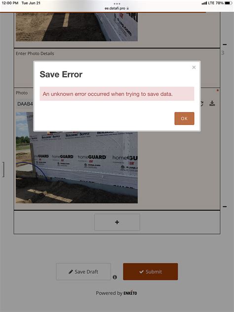 error submitting a form unknown error occurred when trying to save data data collection