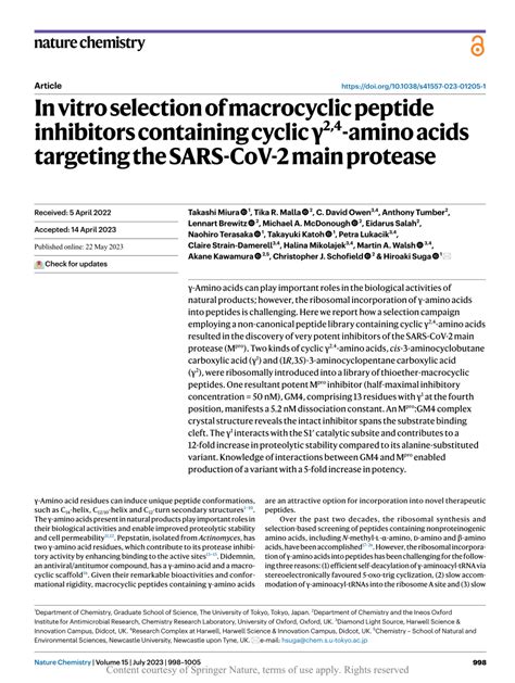 Pdf In Vitro Selection Of Macrocyclic Peptide Inhibitors Containing Cyclic γ Amino Acids
