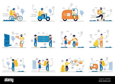 Delivery Concept With Tiny People Scenes Set In Flat Design Bundle Of