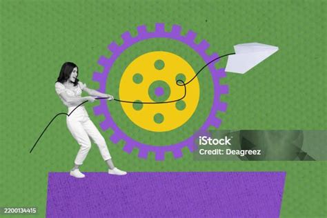 합성물 스케치 이미지 디자인 트렌드 삽화 콜라주 기어 메커니즘 아가씨 보류 잡아당기기 로프 종이 비행 관리자 시간 모집 사무실