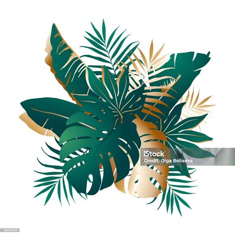 녹색 및 황금 야자수 잎의 열 대 꽃 꽃다발 몬스 테라와 바나나 흰색 절연의 나뭇잎 판매를 위한 이국적인 템플릿은 디자인 포스터 파티 여름 배경 클립 아트를 제공 합니다 금