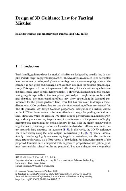 Pdf Design Of 3d Guidance Law For Tactical Missiles