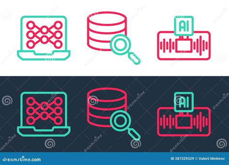 Set Line Artificial Intelligence Ai Neural Network And Server Icon Vector Stock Illustration