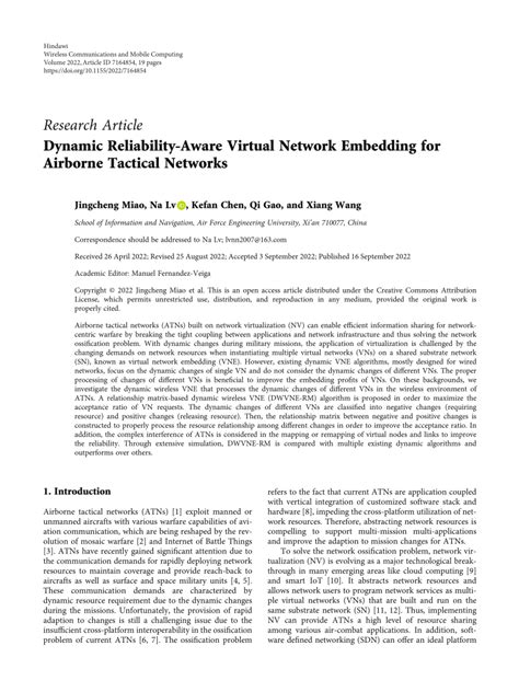 PDF Dynamic Reliability Aware Virtual Network Embedding For Airborne