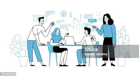 웃는 만화 캐릭터와 간단한 평면 선형 스타일 벡터 일러스트 레이 션팀웍 및 협력 개념 사무실에 대한 스톡 벡터 아트 및 기타 이미지 사무실 책상 컴퓨터 Istock