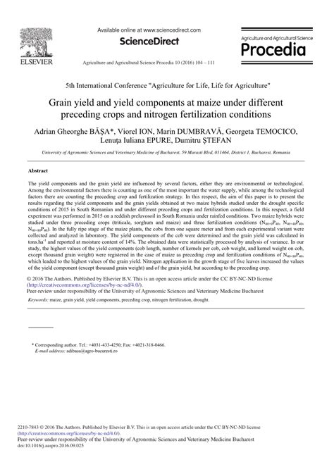 Pdf Grain Yield And Yield Components At Maize Under Different Preceding Crops And Nitrogen
