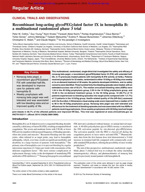 Pdf Recombinant Long Acting Glycopegylated Factor Ix In Hemophilia B A Multinational